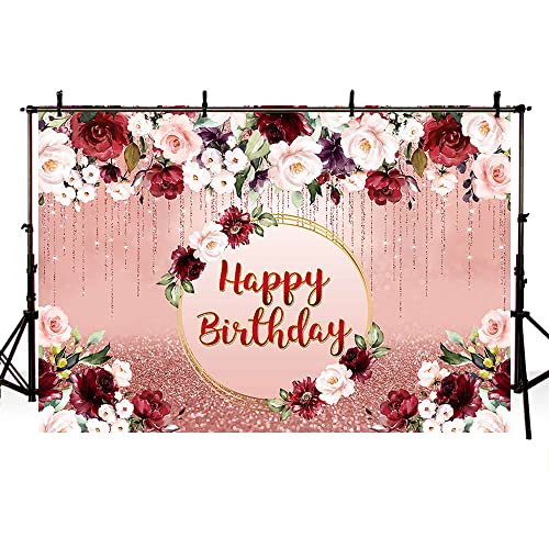 AIBIIN 7x5ft Burgundy Floral Happy Birthday Backdrop Rose Gold Glitter Bokeh Pink Burgundy Floral Photography Background Women Lady Girl 16th Bday Party Decorations Banner Supplies Photo Booth Props