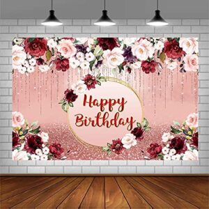 AIBIIN 7x5ft Burgundy Floral Happy Birthday Backdrop Rose Gold Glitter Bokeh Pink Burgundy Floral Photography Background Women Lady Girl 16th Bday Party Decorations Banner Supplies Photo Booth Props