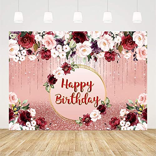 AIBIIN 7x5ft Burgundy Floral Happy Birthday Backdrop Rose Gold Glitter Bokeh Pink Burgundy Floral Photography Background Women Lady Girl 16th Bday Party Decorations Banner Supplies Photo Booth Props