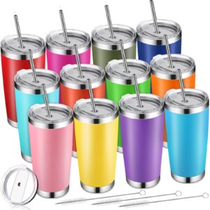 12 pack colorful stainless steel tumblers bulk 20 oz skinny tumbler cups with lids and straws double wall vacuum insulated tumblers stainless steel travel cup for party hot cold drink,12 colors