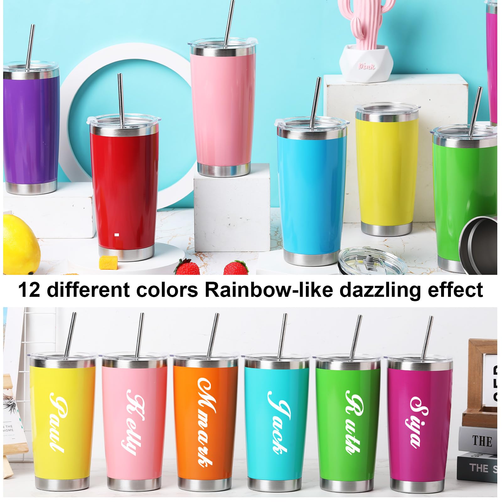 12 Pack Colorful Stainless Steel Tumblers Bulk 20 oz Skinny Tumbler Cups with Lids and Straws Double Wall Vacuum Insulated Tumblers Stainless Steel Travel Cup for Party Hot Cold Drink,12 colors