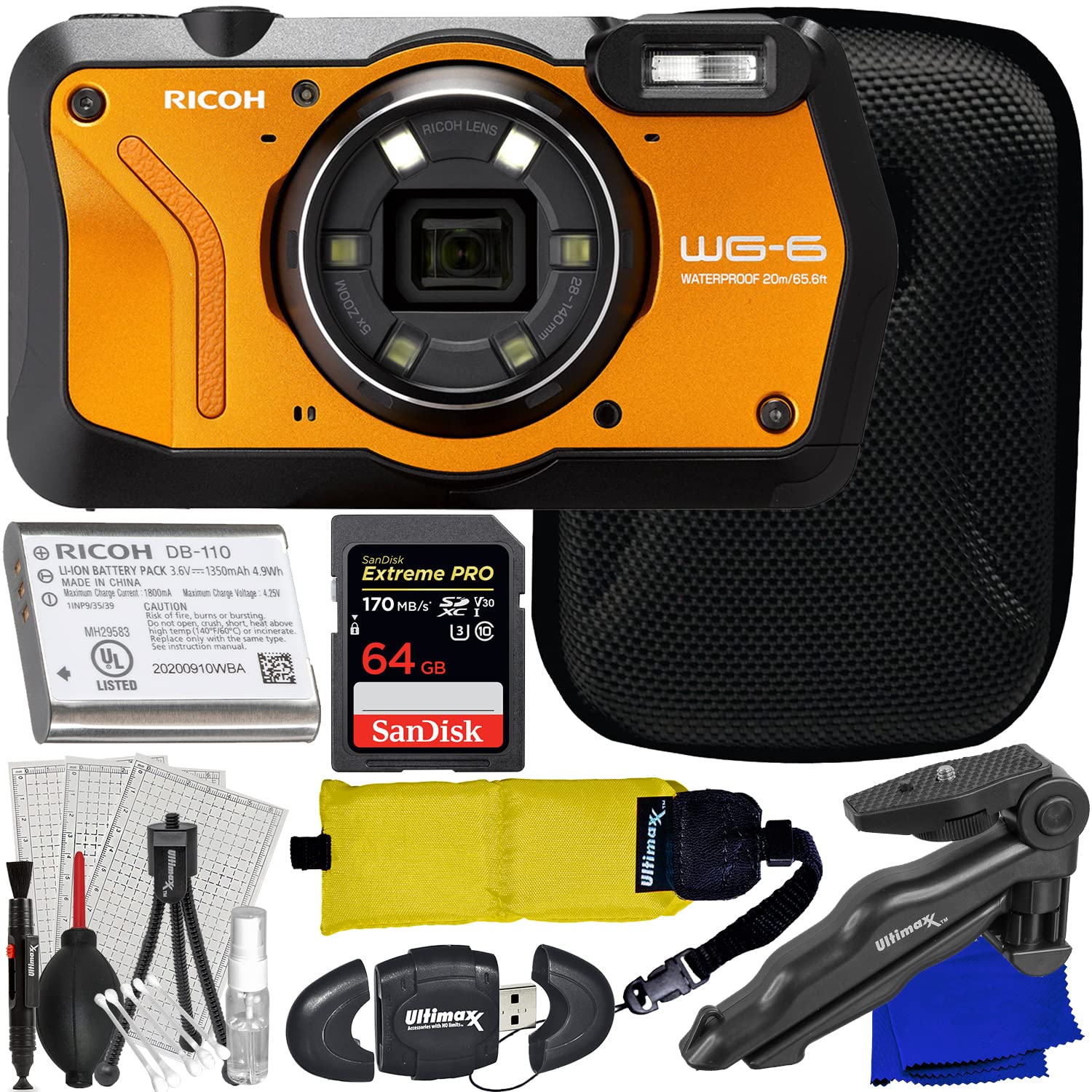 Ultimaxx Essential Bundle + Ricoh WG-6 Digital Camera (Orange) + SanDisk 64GB Extreme Pro SDXC, Floating Wrist Strap, 6.5” Tabletop Tripod, High Speed Memory Card Reader & More (19pc Bundle)