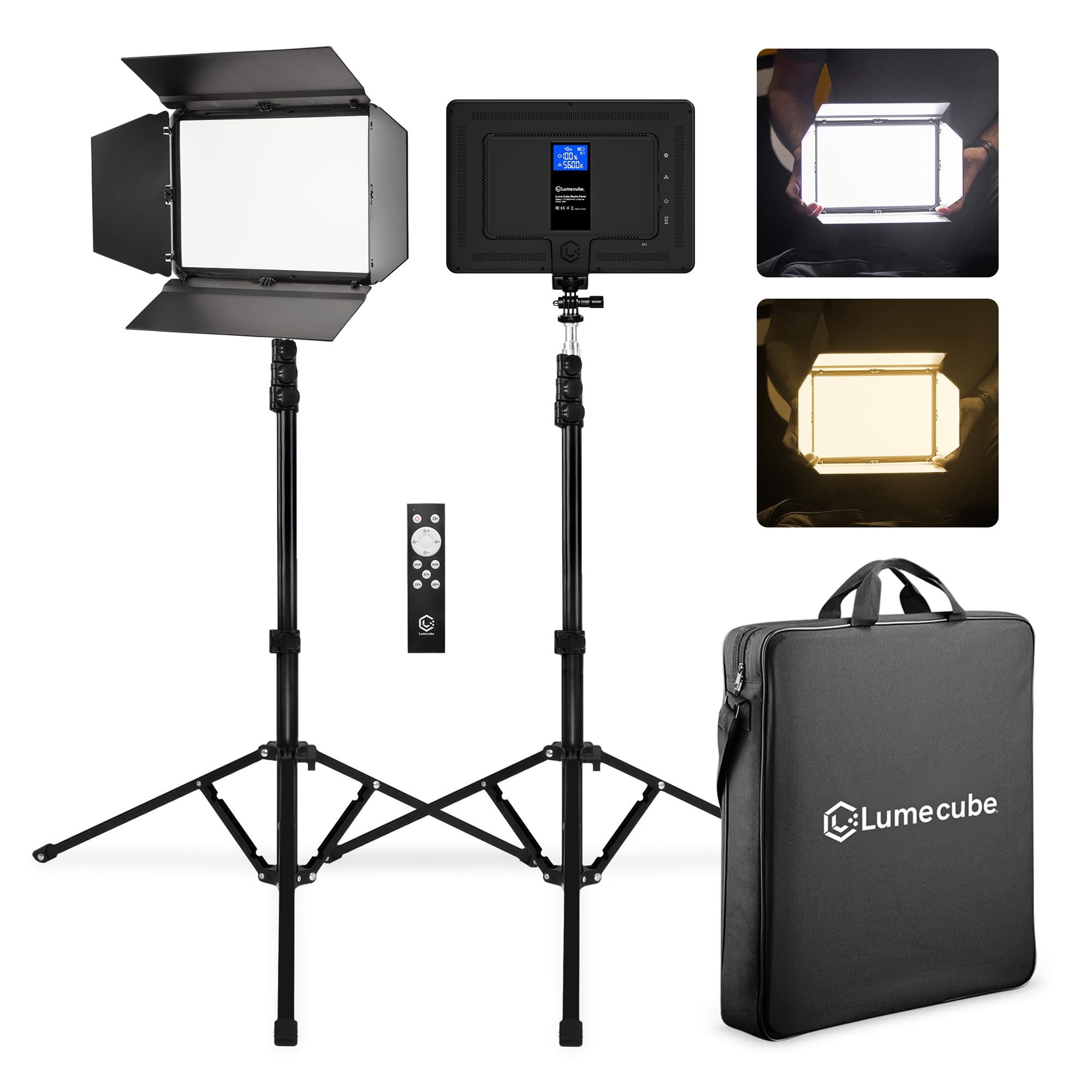 Lume Cube Studio Panel 2-Point Lighting Kit | Edge Lit LED Bicolor Light Panels 3200k - 5600k | Rechargeable Lithium Battery, Adjustable Color, Brightness, 70" Stands, Wireless Remote Included