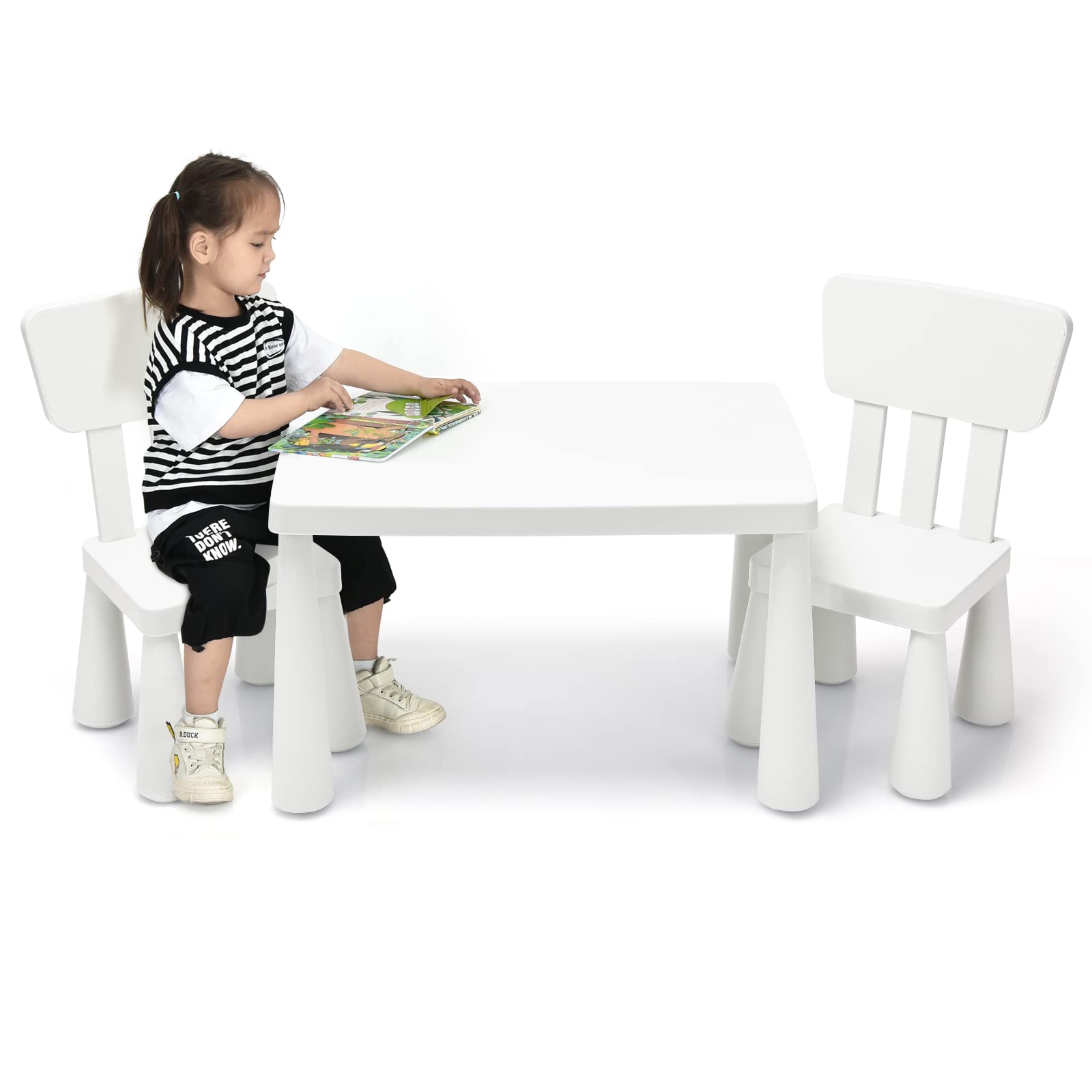 COSTWAY 3-Piece Kids Table and Chairs Set, Lightweight Plastic Children Activity Center for Reading, Writing, Painting, Snack Time, Kids Furniture Art Study Desk & Chairs Set for Ages 1-7 (White)