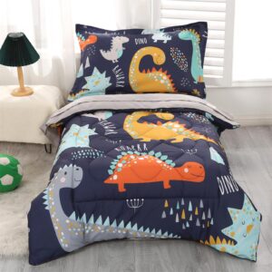 wowelife toddler bedding sets for boys, premium 4 piece dinosaur toddler comforter set, blue grey toddler bed set, super soft and comfortable for toddler(dark blue)