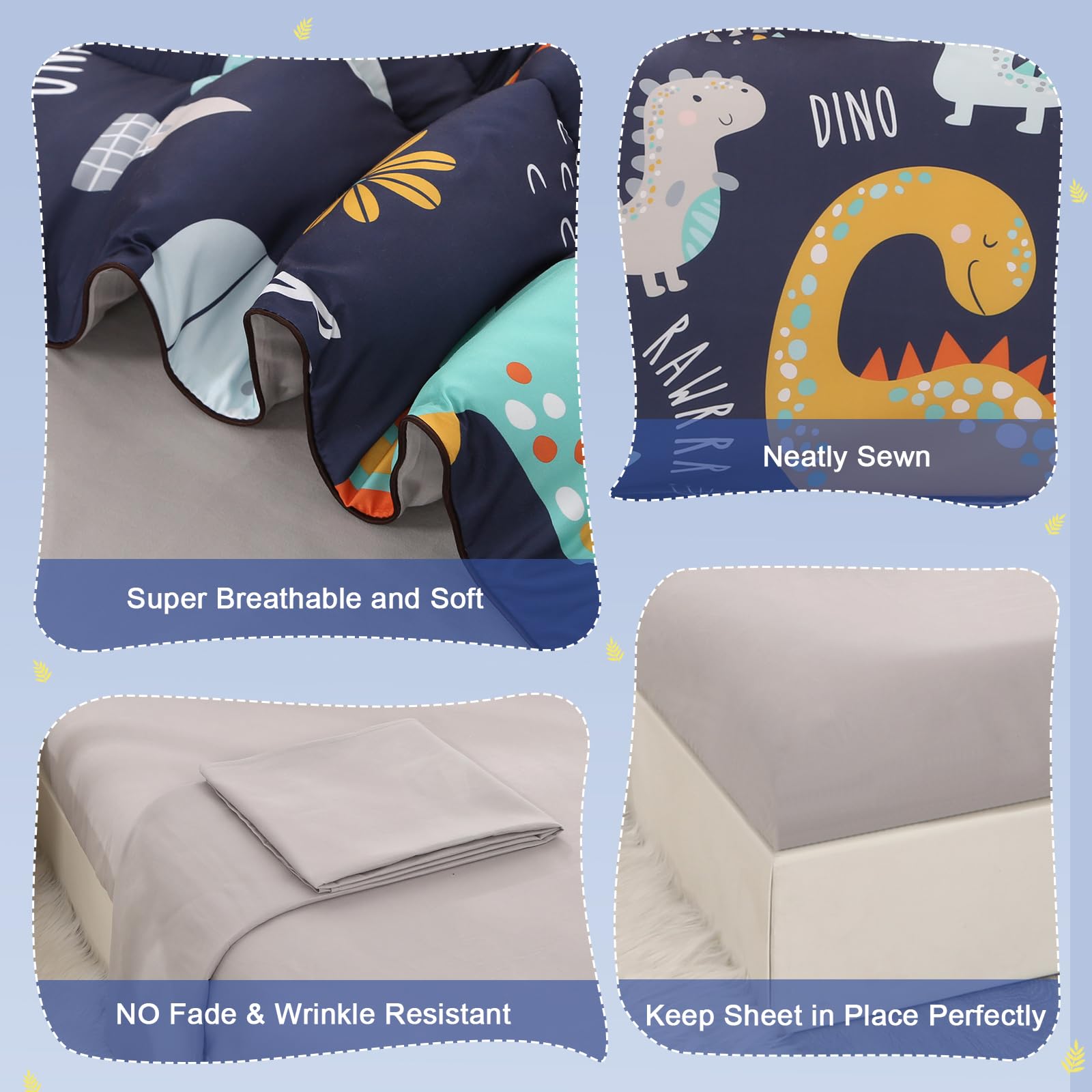 Wowelife Toddler Bedding Sets for Boys, Premium 4 Piece Dinosaur Toddler Comforter Set, Blue Grey Toddler Bed Set, Super Soft and Comfortable for Toddler(Dark Blue)