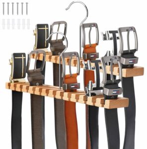 belt hanger for closet, 2 in 1 wooden wall mount 14 belt organizer w/through-the-wall nails, belt rack w/ 360° swivel hook, tie and belt organizer display for closet, door, wall, 1 pack, natrual