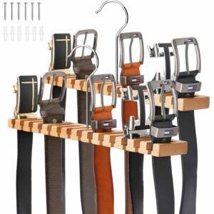 Belt Hanger for Closet, 2 in 1 Wooden Wall Mount 14 Belt Organizer w/Through-The-Wall Nails, Belt Rack w/ 360° Swivel Hook, Tie and Belt Organizer Display for Closet, Door, Wall, 1 Pack, Natrual