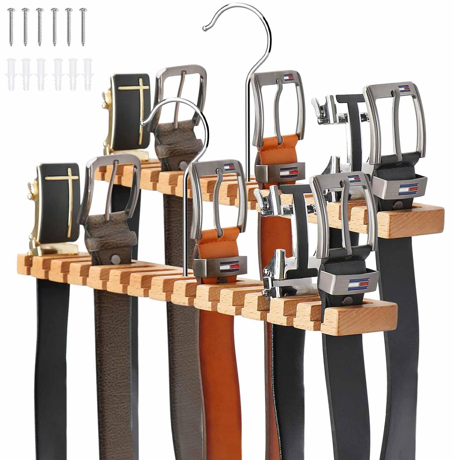 Belt Hanger for Closet, 2 in 1 Wooden Wall Mount 14 Belt Organizer w/Through-The-Wall Nails, Belt Rack w/ 360° Swivel Hook, Tie and Belt Organizer Display for Closet, Door, Wall, 1 Pack, Natrual