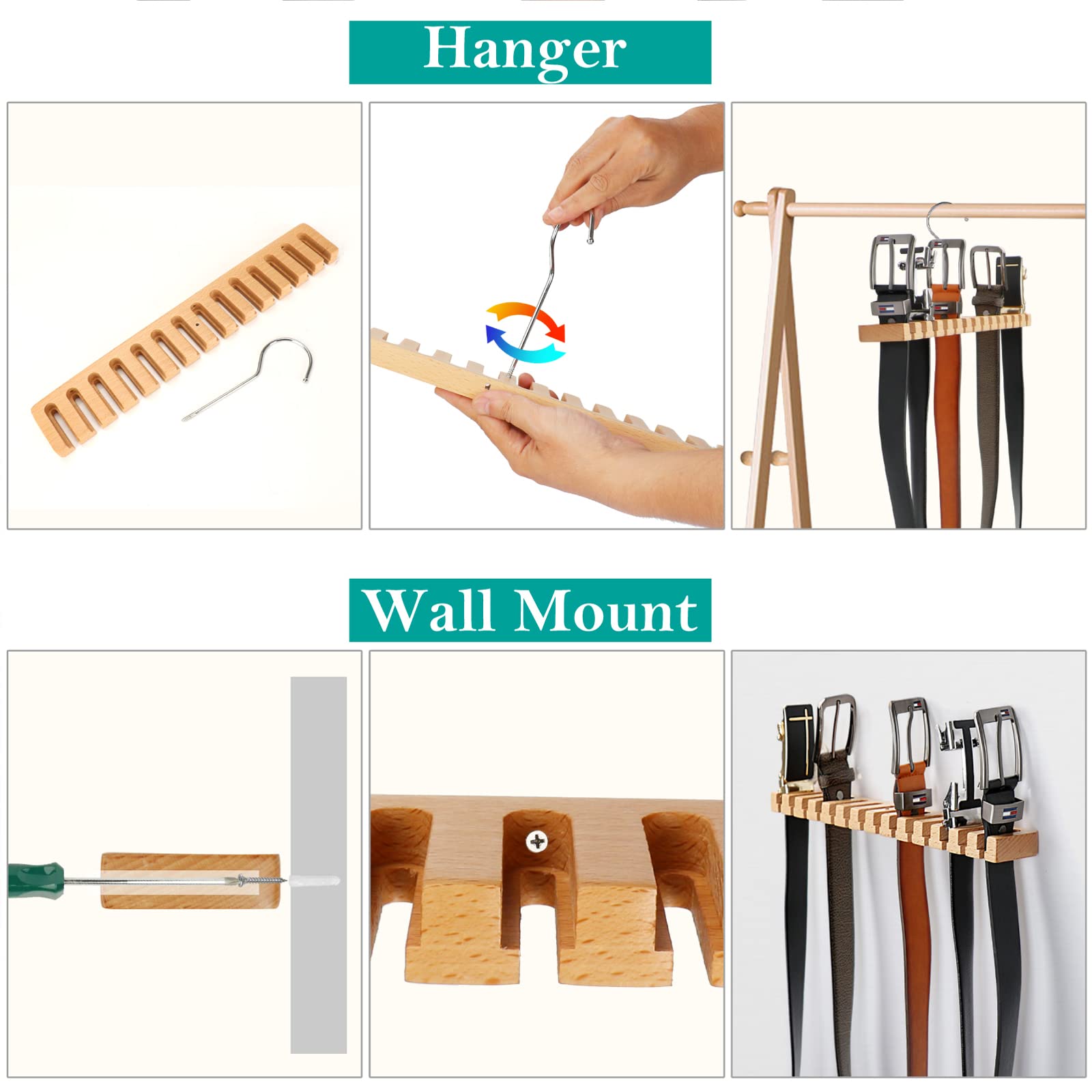 Belt Hanger for Closet, 2 in 1 Wooden Wall Mount 14 Belt Organizer w/Through-The-Wall Nails, Belt Rack w/ 360° Swivel Hook, Tie and Belt Organizer Display for Closet, Door, Wall, 1 Pack, Natrual