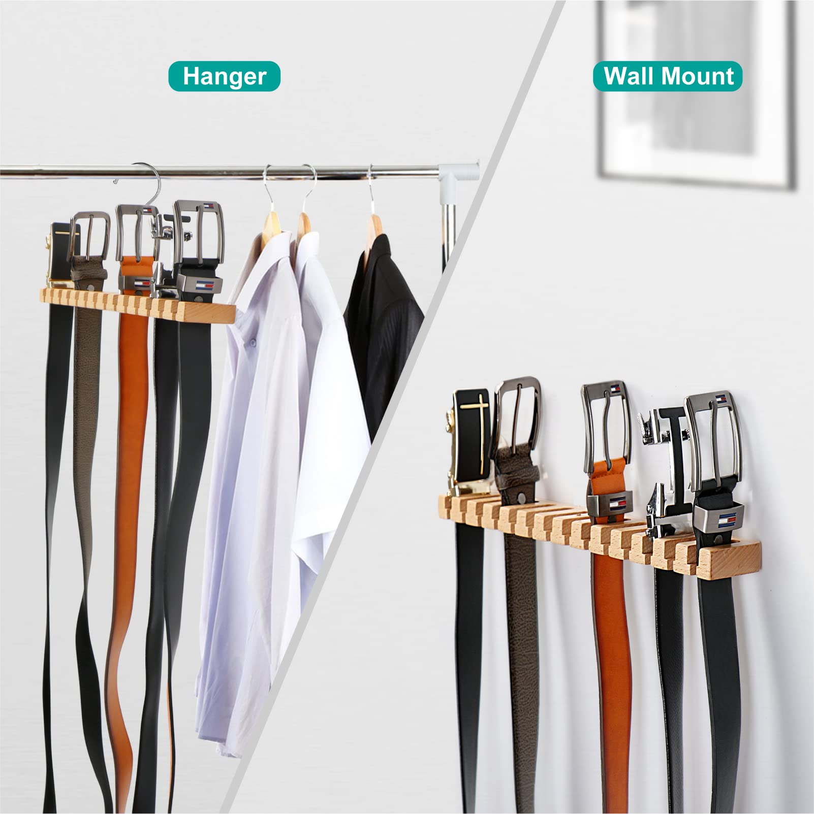 Belt Hanger for Closet, 2 in 1 Wooden Wall Mount 14 Belt Organizer w/Through-The-Wall Nails, Belt Rack w/ 360° Swivel Hook, Tie and Belt Organizer Display for Closet, Door, Wall, 1 Pack, Natrual