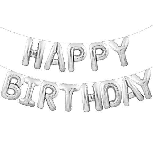 RUBFAC Silver Happy Birthday Balloons Banner, 16 Inch 3D Silver Mylar Foil Birthday Letters Sign for Kids Adults Boys Girls Birthday Decorations Party Supplies