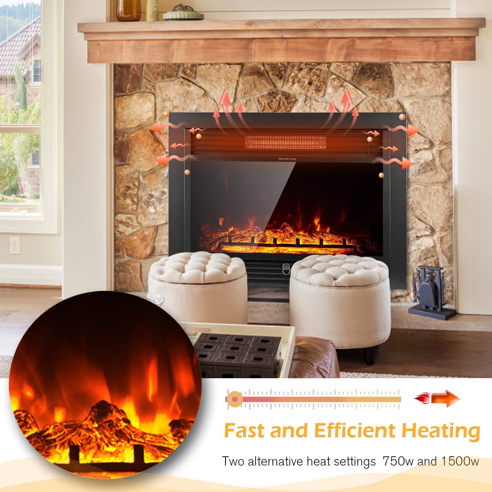 Homedex 28.5" Electric Fireplace Insert Recessed Mounted with 3 Color Flames, 750/1500W Fireplace Electric with Remote Control and Timer, Standing Fireplace Heater