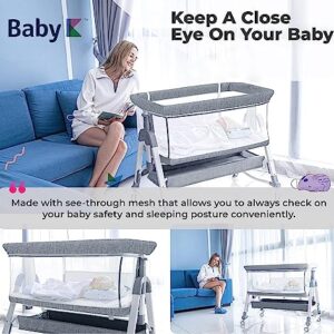 BABY K Mesh Bassinet Bedside Sleeper (Grey) - 3 in 1 Convertible Bassinet with Breathable Mesh and Mattress - Bedside Bassinet for Baby Crib Attach to Bed - Baby Co Sleeper for Bedside for Infants