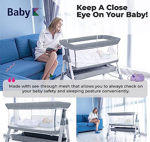 BABY K Mesh Bassinet Bedside Sleeper (Grey) - 3 in 1 Convertible Bassinet with Breathable Mesh and Mattress - Bedside Bassinet for Baby Crib Attach to Bed - Baby Co Sleeper for Bedside for Infants