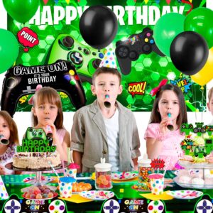 KimaruLZ Video Game Birthday Party Decorations - 108Pcs Green Gamer Gaming Party Supplies For Boys Birthday Party - Birthday Backdrop, Table Cover, Hanging Swirls, Cupcake Topper, Cake Topper, Balloon