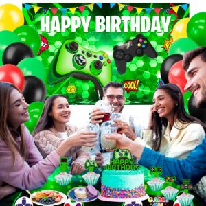 KimaruLZ Video Game Birthday Party Decorations - 108Pcs Green Gamer Gaming Party Supplies For Boys Birthday Party - Birthday Backdrop, Table Cover, Hanging Swirls, Cupcake Topper, Cake Topper, Balloon