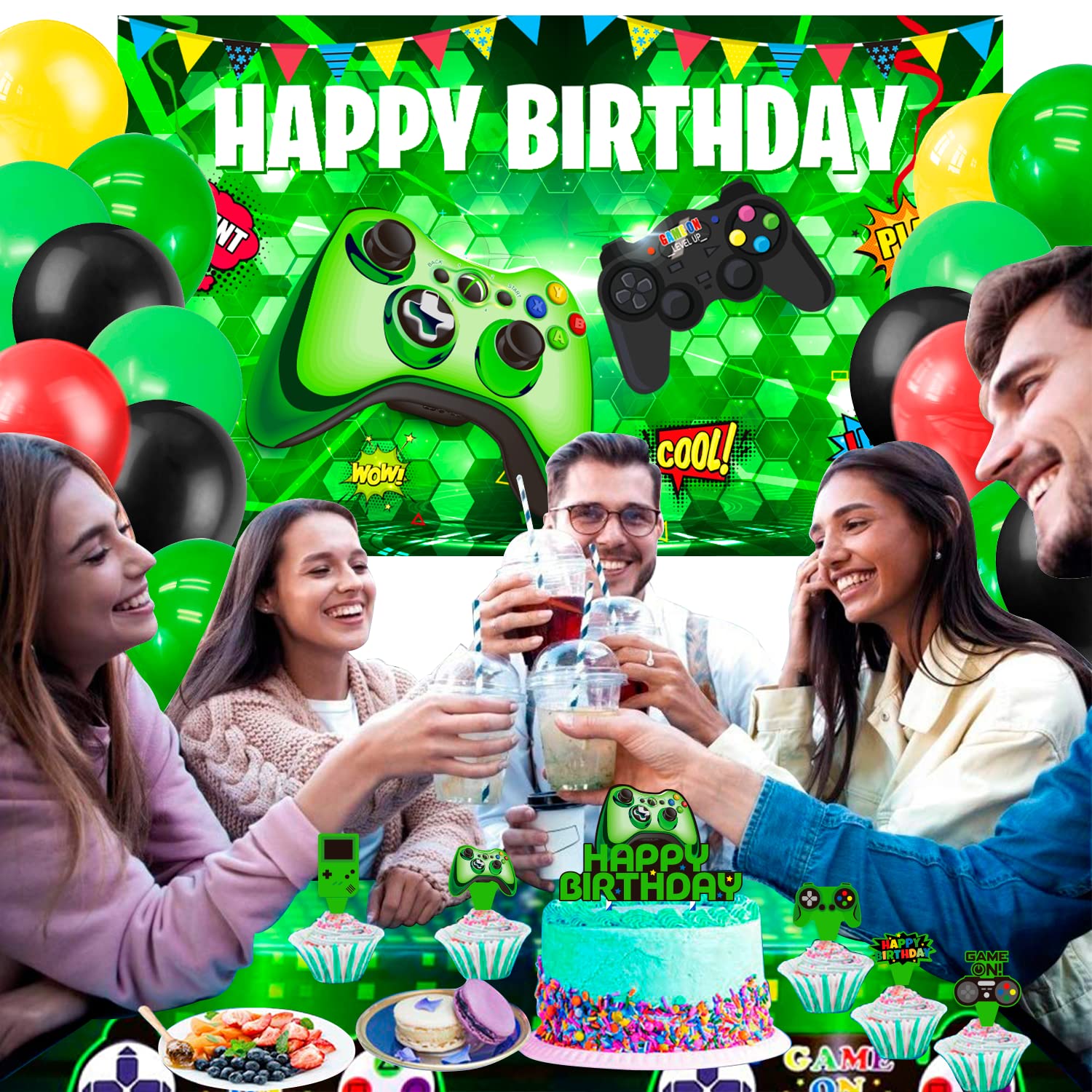 KimaruLZ Video Game Birthday Party Decorations - 108Pcs Green Gamer Gaming Party Supplies For Boys Birthday Party - Birthday Backdrop, Table Cover, Hanging Swirls, Cupcake Topper, Cake Topper, Balloon