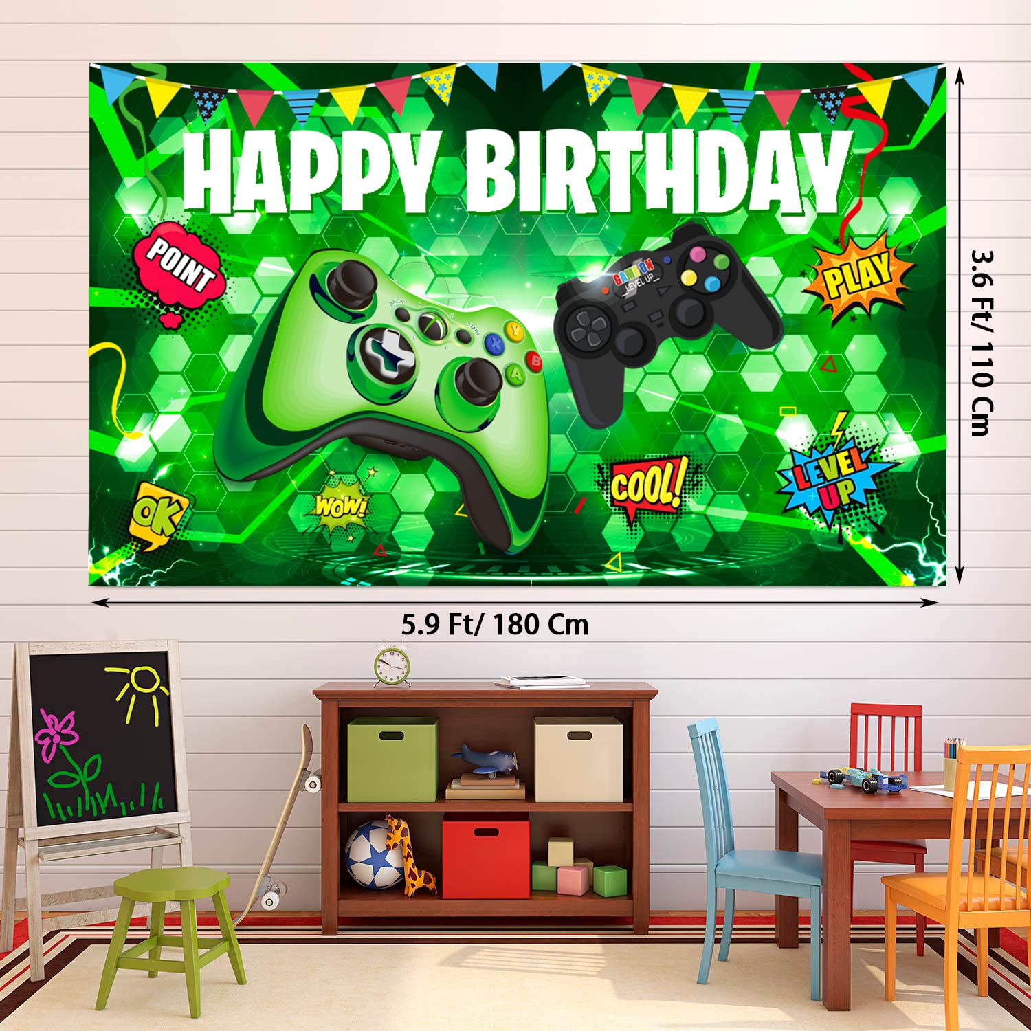 KimaruLZ Video Game Birthday Party Decorations - 108Pcs Green Gamer Gaming Party Supplies For Boys Birthday Party - Birthday Backdrop, Table Cover, Hanging Swirls, Cupcake Topper, Cake Topper, Balloon