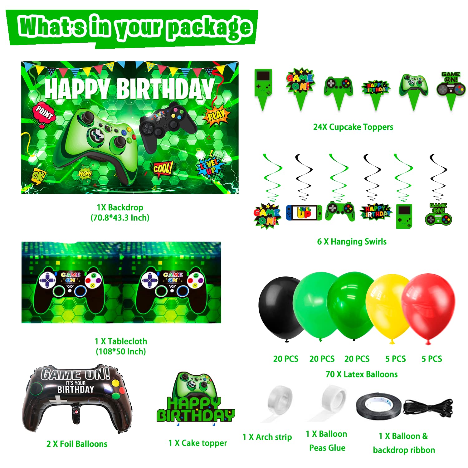 KimaruLZ Video Game Birthday Party Decorations - 108Pcs Green Gamer Gaming Party Supplies For Boys Birthday Party - Birthday Backdrop, Table Cover, Hanging Swirls, Cupcake Topper, Cake Topper, Balloon