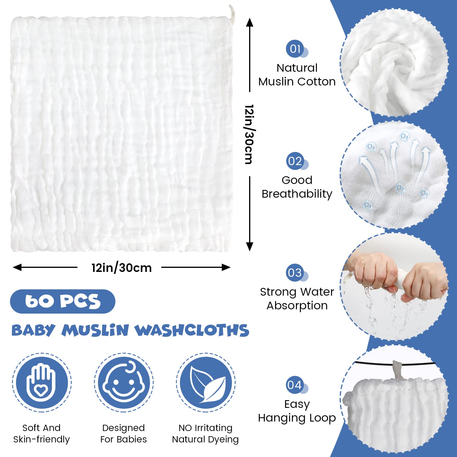 60 Pack Baby Muslin Washcloths Muslin Burp Cloths 6 Layer Soft Absorbent Face Towel, 12 x 12 Inch Burp Rags Natural Newborn Bath Essentials for Baby Infant Kids Sensitive Skin, Baby Registry as Shower