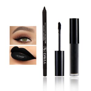 cahiuyoa black matte lipstick lip liner set,black liquid lipstick lip gloss smudge proof for halloween cosplay goth makeup,waterproof and long lasting black lip liner and lipstick set