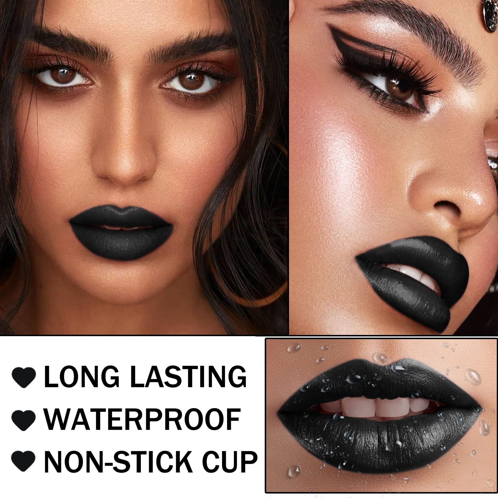 CAHIUYOA Black Matte Lipstick Lip Liner Set,Black Liquid Lipstick Lip Gloss Smudge Proof for Halloween Cosplay Goth Makeup,Waterproof and Long Lasting Black Lip Liner and Lipstick Set