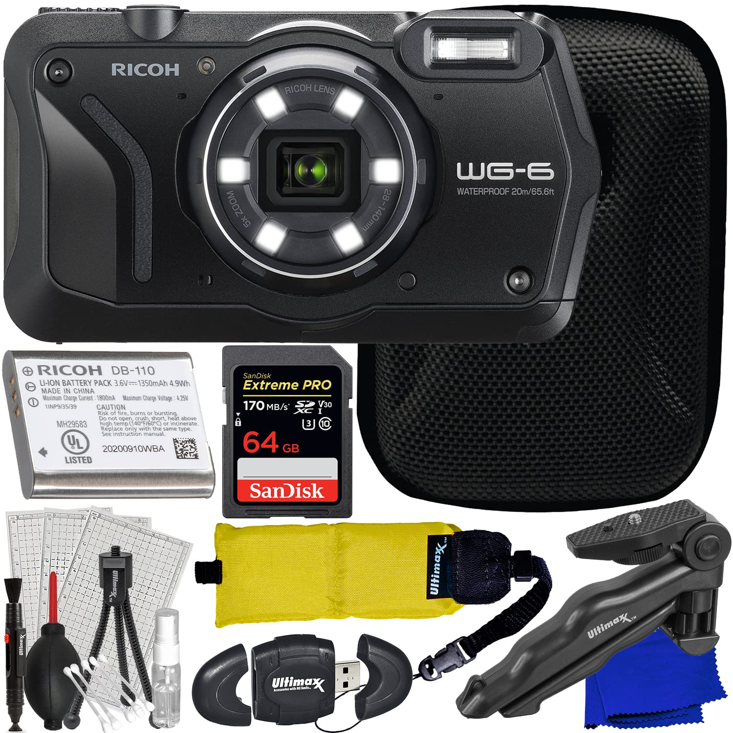 Ultimaxx Essential Bundle + Ricoh WG-6 Digital Camera (Black) + SanDisk 64GB Extreme Pro SDXC, Floating Wrist Strap, 6.5” Tabletop Tripod, High Speed Memory Card Reader & More (19pc Bundle)