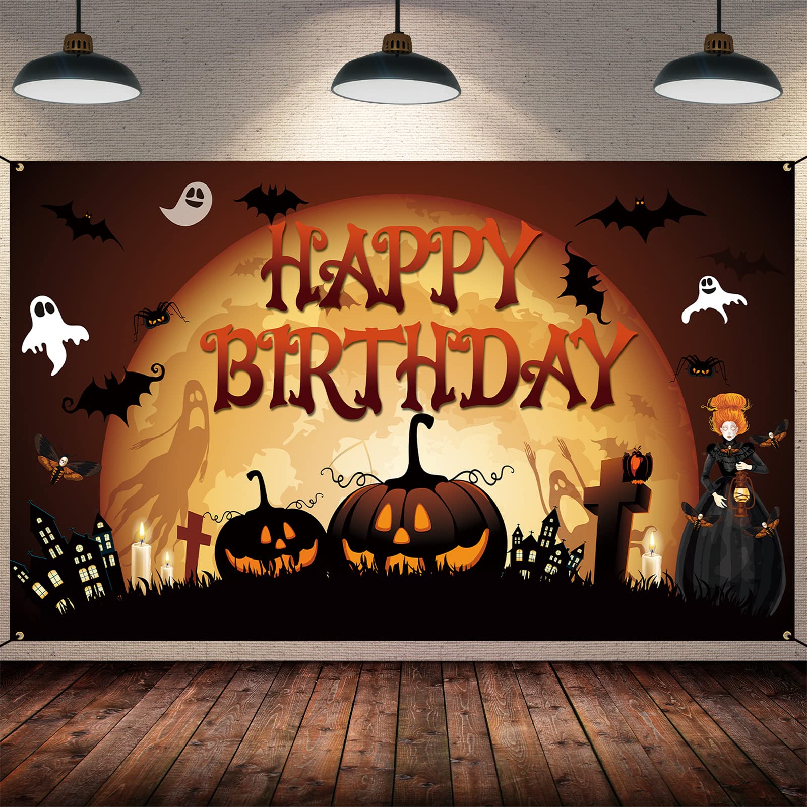 Vlipoean Halloween Happy Birthday Party Decorations, Mysterious Brown Sky Moonlight Halloween Birthday Photography Backdrop, 70.86 x 43.3 Inch Pumpkin Ghost Witch Castle Bat Halloween Theme Birthday