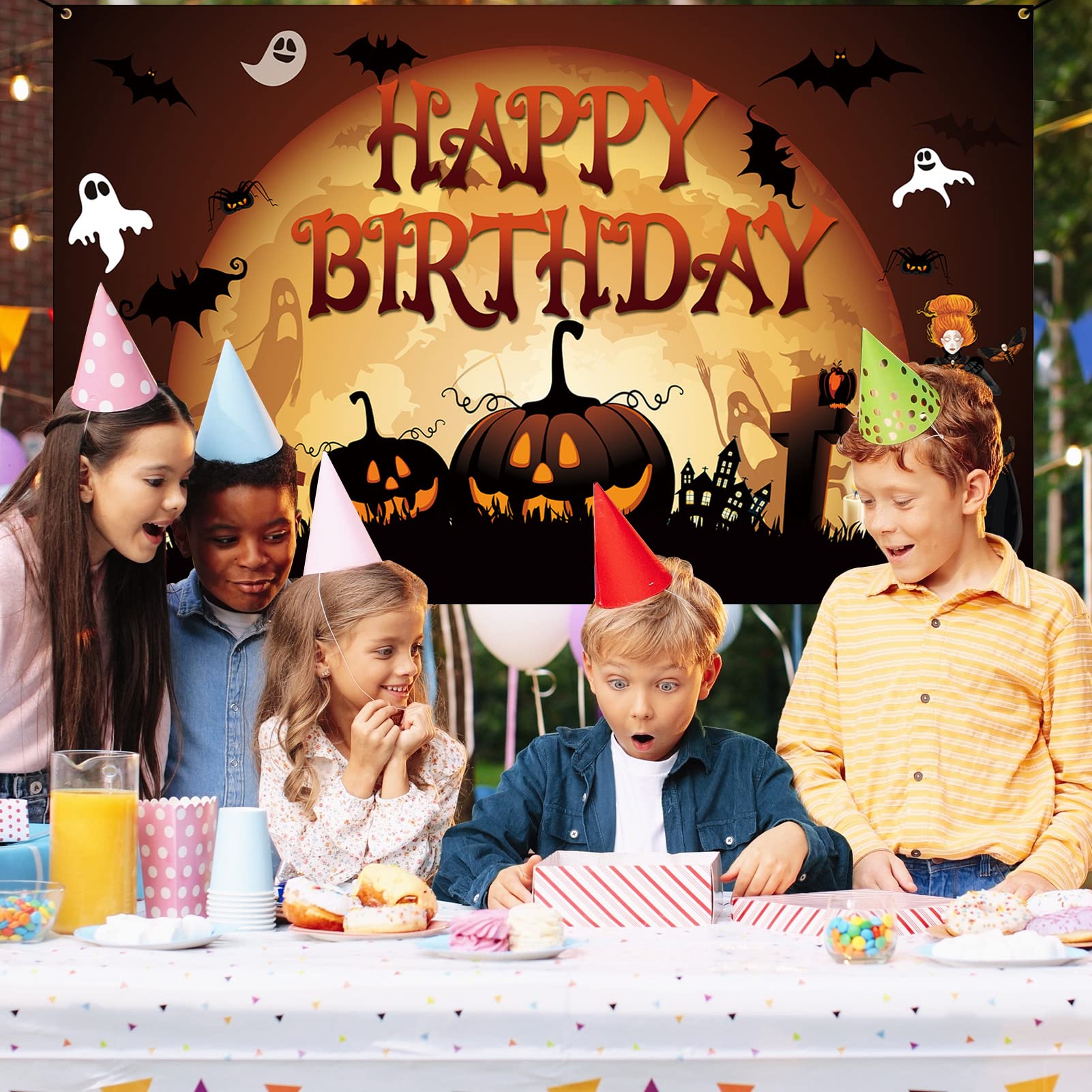 Vlipoean Halloween Happy Birthday Party Decorations, Mysterious Brown Sky Moonlight Halloween Birthday Photography Backdrop, 70.86 x 43.3 Inch Pumpkin Ghost Witch Castle Bat Halloween Theme Birthday