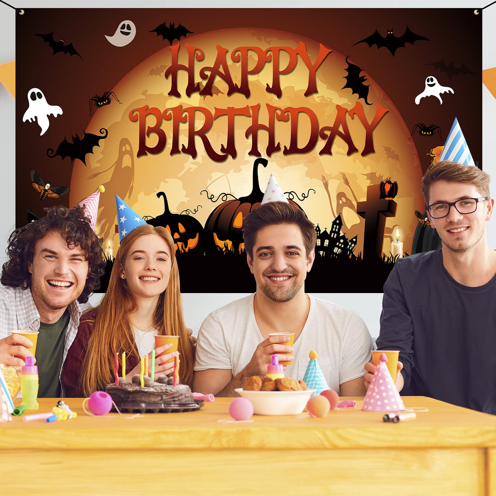 Vlipoean Halloween Happy Birthday Party Decorations, Mysterious Brown Sky Moonlight Halloween Birthday Photography Backdrop, 70.86 x 43.3 Inch Pumpkin Ghost Witch Castle Bat Halloween Theme Birthday