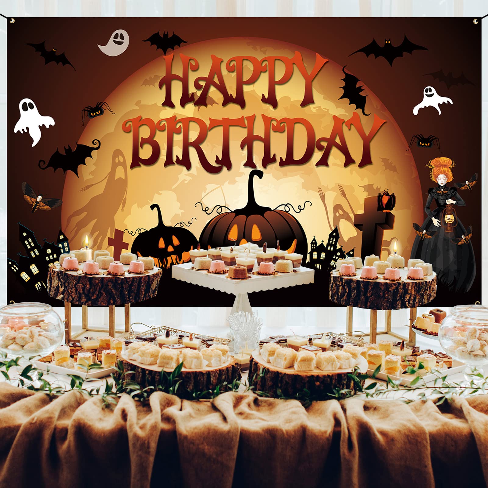 Vlipoean Halloween Happy Birthday Party Decorations, Mysterious Brown Sky Moonlight Halloween Birthday Photography Backdrop, 70.86 x 43.3 Inch Pumpkin Ghost Witch Castle Bat Halloween Theme Birthday