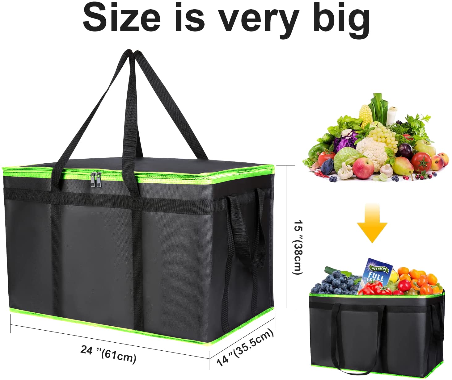 musbus XXXL-Large Insulated Grocery shopping bags, Green, reusable bag,thermal zipper,Collapsible,tote,cooler,food transport hot and cold,camping,Recycled Material delivery groceries