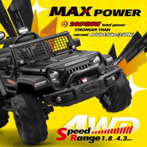 Blitzshark 24V MAX Ride-on Truck 2 Seater 4WD Kids Electric Vehicle 4x4 XXL Battery Powered Car, with 480W Ultra Powerful Motor, 7AH Battery, Remote Control, Full-Metal Suspension& DIY Sticker, Black