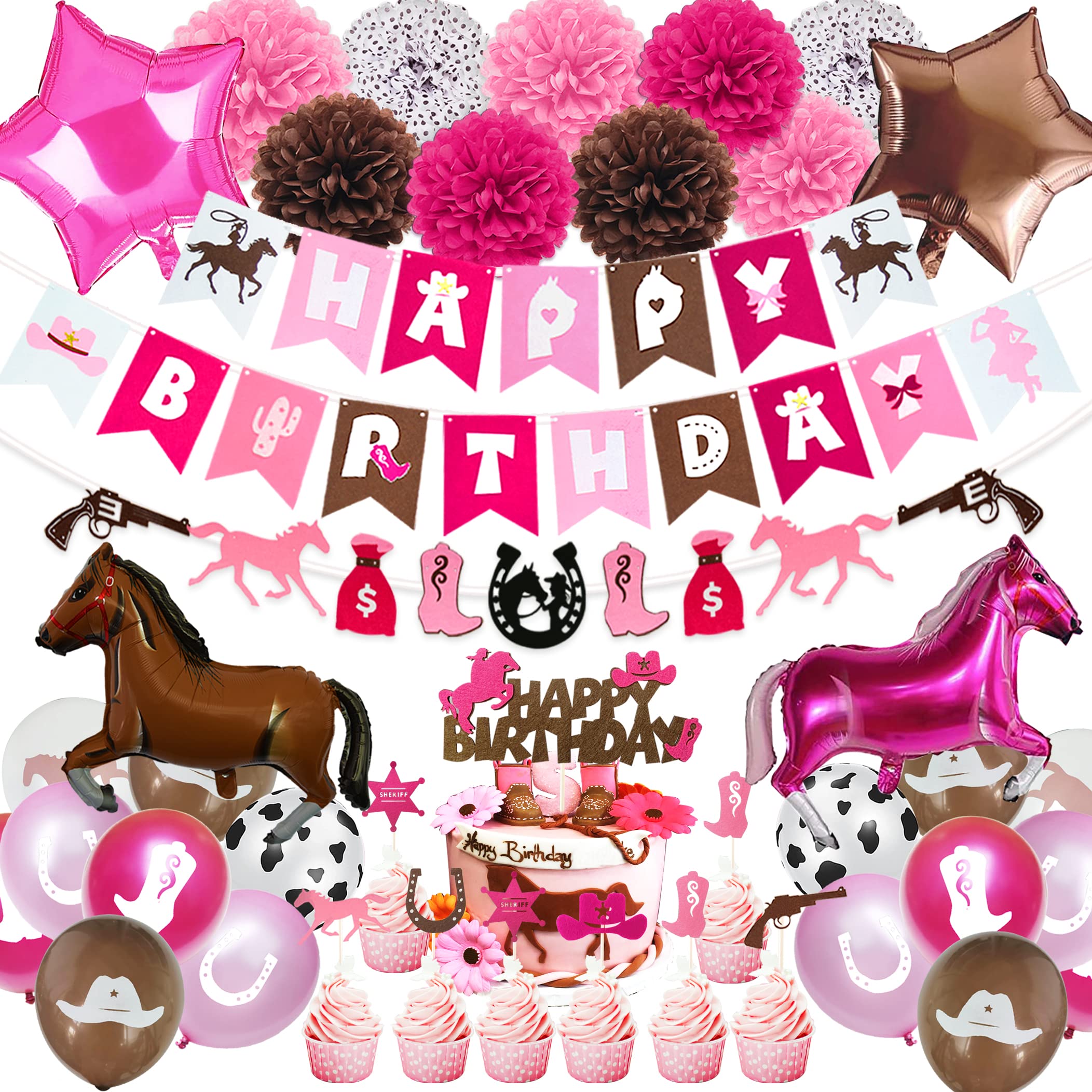 Western Cowgirl Pink Birthday Party Decoration, Retro Horse Rodeo Party Supplies for Girls Including Birthday Banner, Horses Garland, Horse Star Balloons, Tissue Pom Poms, Cake Toppers (Pink Cowgirl)