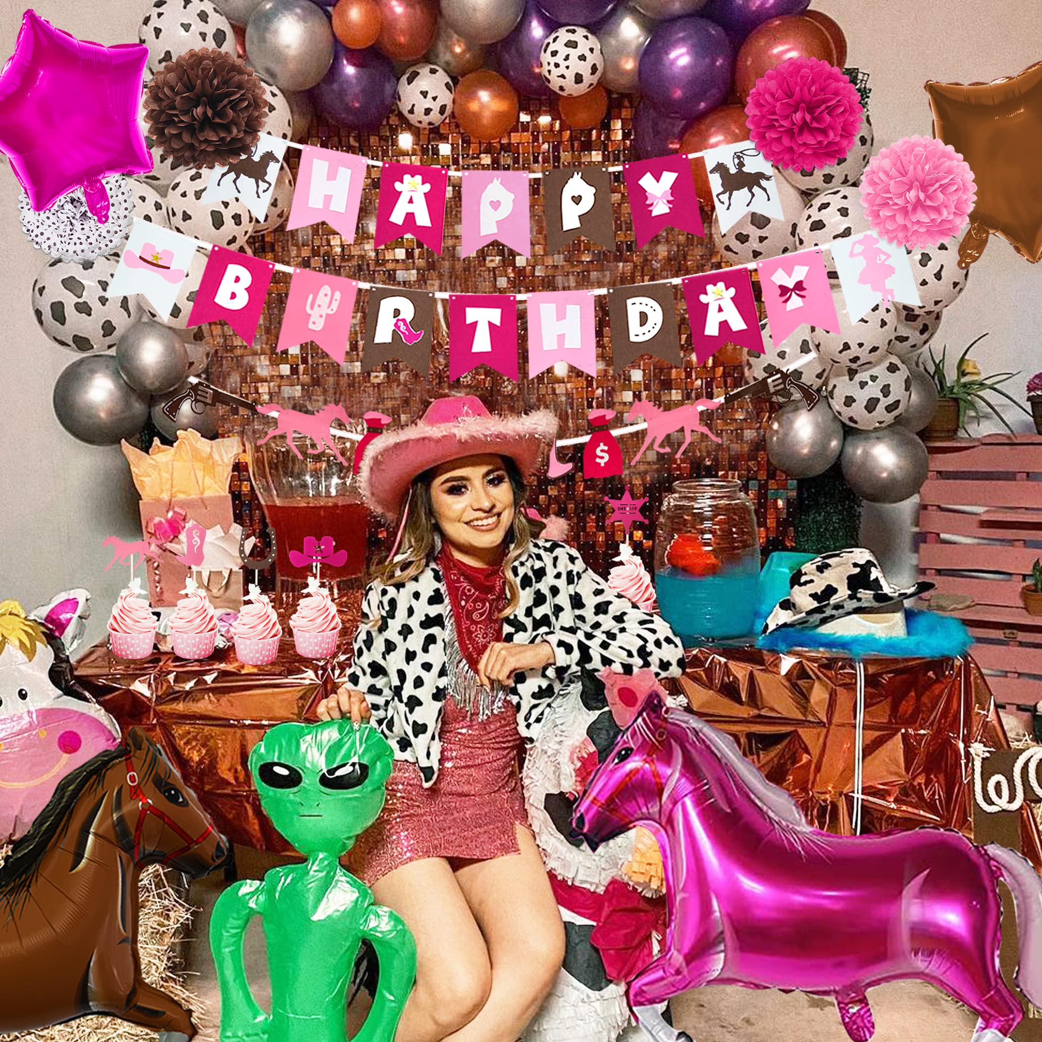 Western Cowgirl Pink Birthday Party Decoration, Retro Horse Rodeo Party Supplies for Girls Including Birthday Banner, Horses Garland, Horse Star Balloons, Tissue Pom Poms, Cake Toppers (Pink Cowgirl)