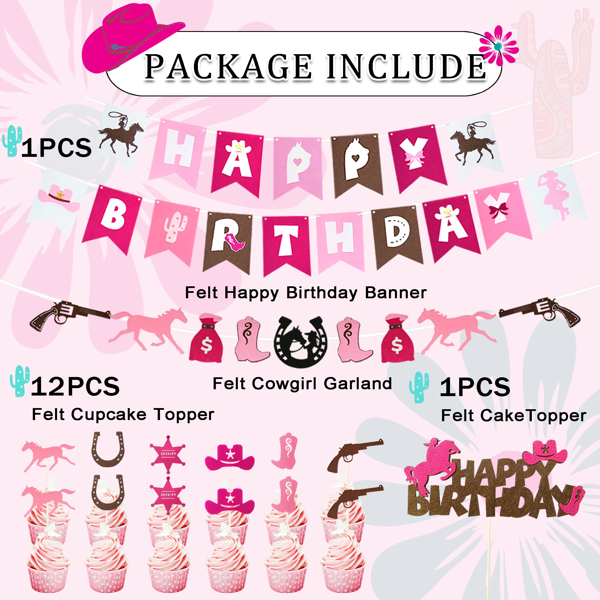 Western Cowgirl Pink Birthday Party Decoration, Retro Horse Rodeo Party Supplies for Girls Including Birthday Banner, Horses Garland, Horse Star Balloons, Tissue Pom Poms, Cake Toppers (Pink Cowgirl)