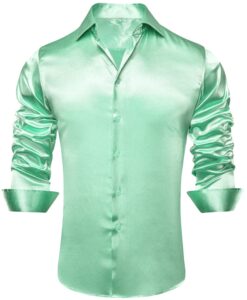 hi-tie designer silk mint green solid dress shirt for men casual party long sleeve regular fit shirt for daily vacation