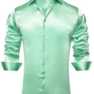 Hi-Tie Designer Silk Mint Green Solid Dress Shirt for Men Casual Party Long Sleeve Regular Fit Shirt for Daily Vacation