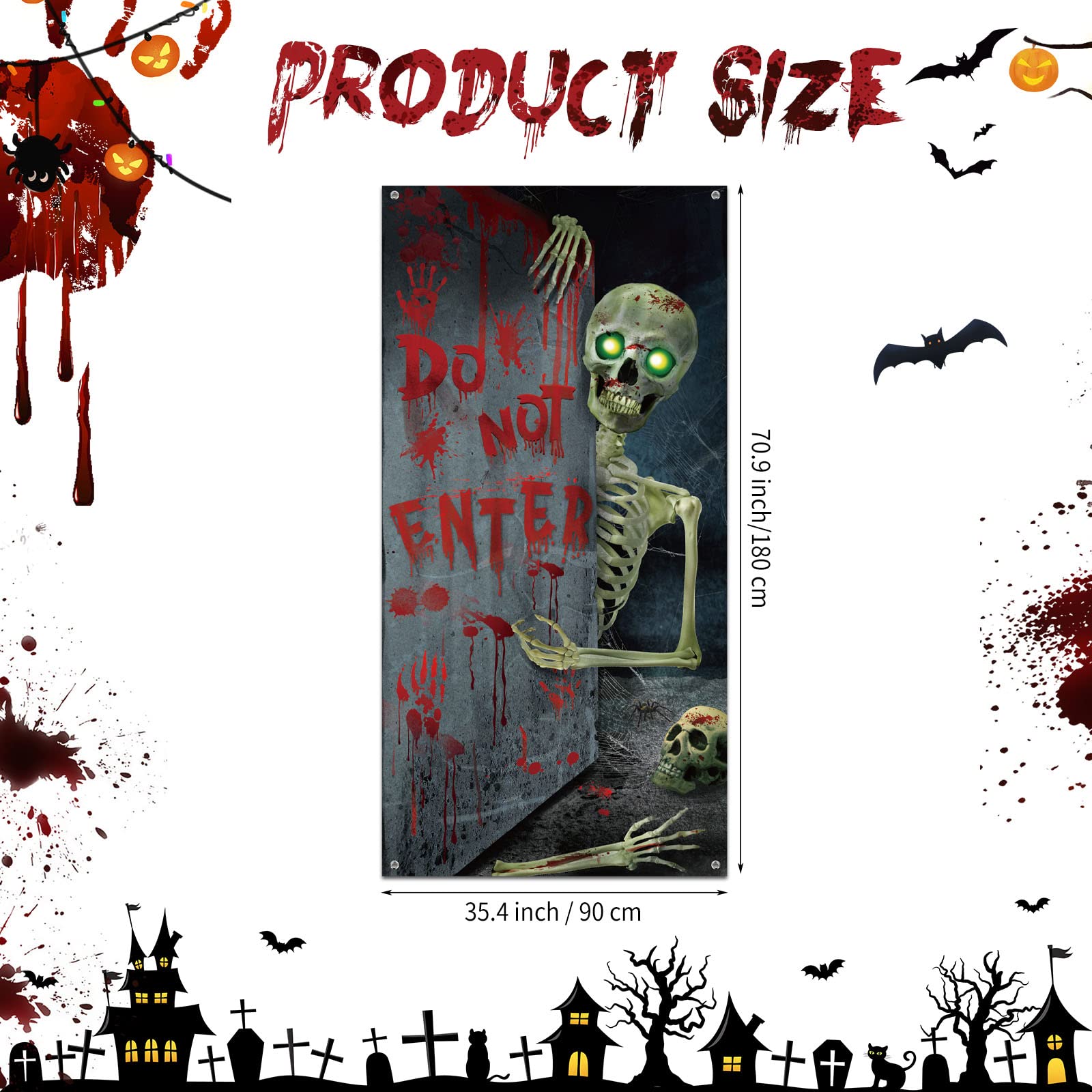 Halloween Skeleton Door Cover Decorations Large Fabric Scary Skull Banner Backdrop Dripping Blood Door Cover Poster for Halloween Party Supplies Props Haunted House Decorations, 35.4 x 70.9 Inch