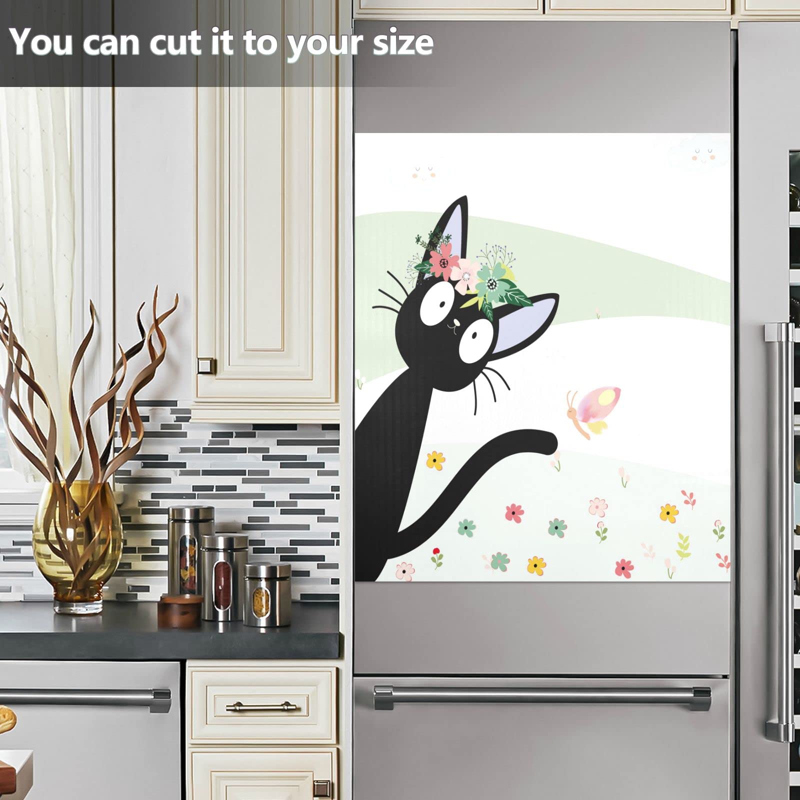 Black Cat Cute Dishwasher Magnet Cover Front Door Spring Flower Kitty Decorative Refrigerator Covers Magnetic Sheet Sticker Wash Machine Fridge Panel Decal for Kitchen Appliance 23x26 in