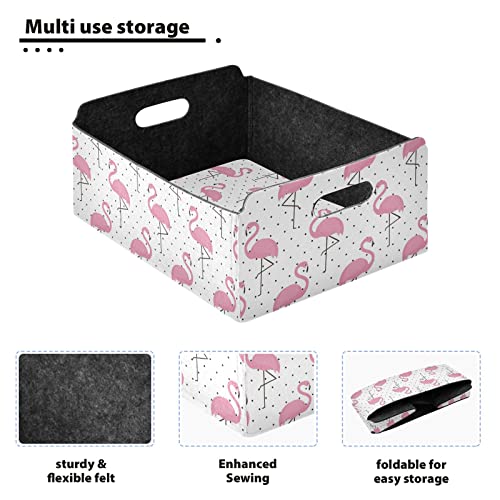 CaTaKu Foldable Storage Basket Pink Flamingo Dots Collapsible Felt Storage Bins with Handle Drawer Organizer Bin Cube Shelf Box for Organizing Closet Clothes Office Books Bedroom