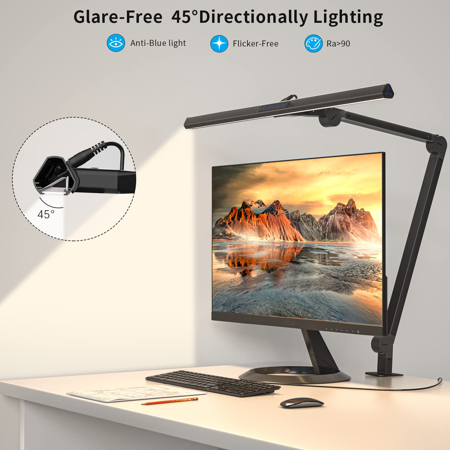 KableRika LED Desk Lamp with Clamp, 17W Super Bright Architect Swing Arm Desk Light for Home Office, Eye-Caring Task Table Lamp, Dimmable&6 Color Modes, Great Range of Motion for Office Lighting