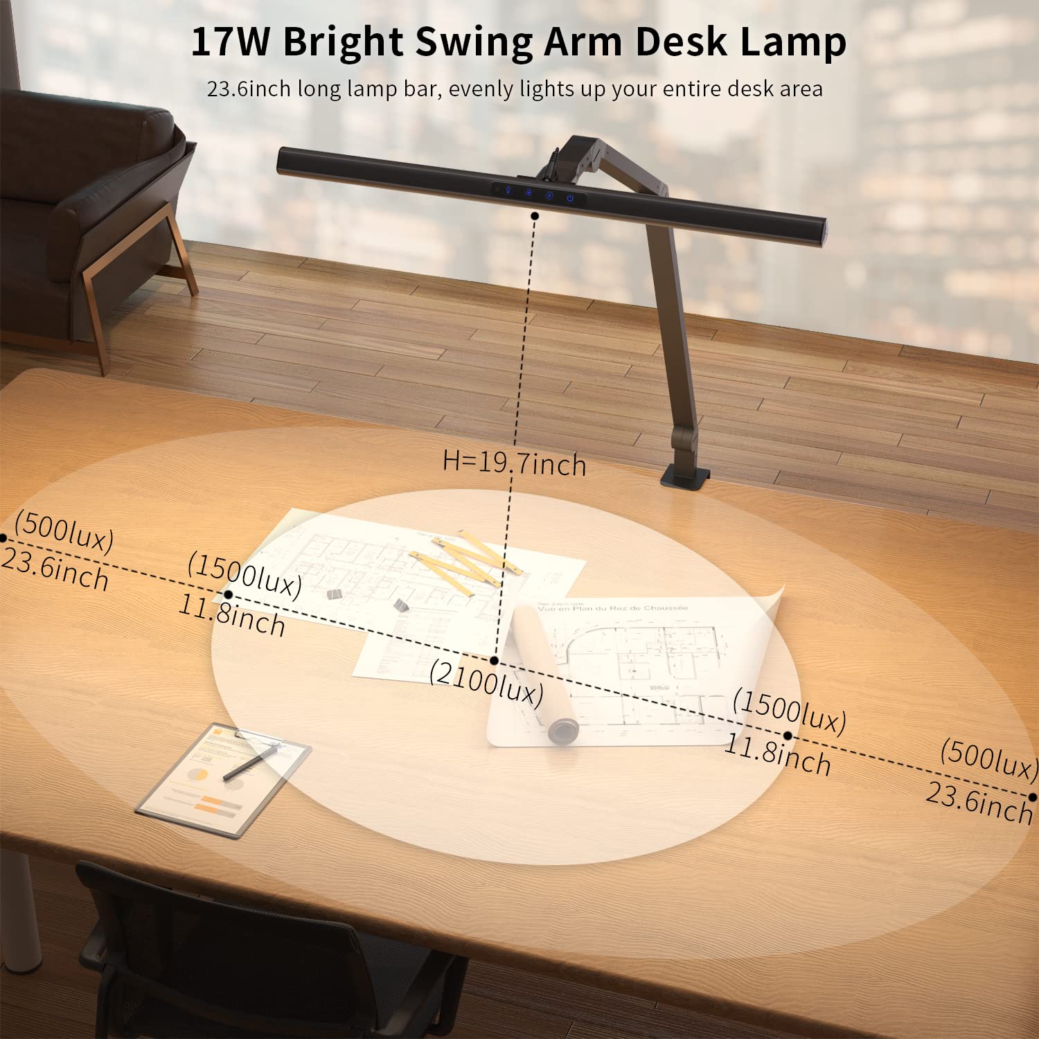 KableRika LED Desk Lamp with Clamp, 17W Super Bright Architect Swing Arm Desk Light for Home Office, Eye-Caring Task Table Lamp, Dimmable&6 Color Modes, Great Range of Motion for Office Lighting