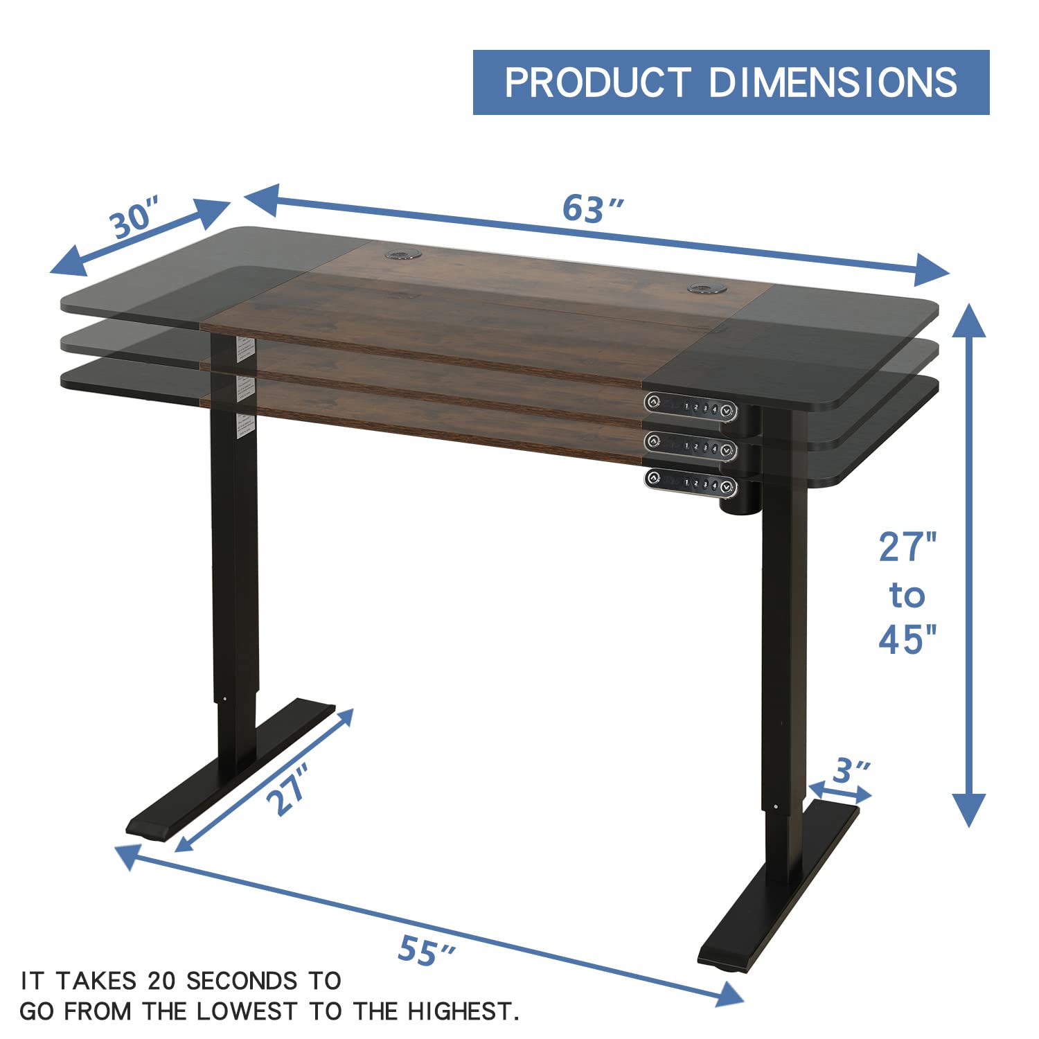 Jceet Adjustable Height Electric Standing Desk - 63 x 30 Inch Sit Stand Computer Desk with Splice Board, Stand Up Desk Table for Home Office, Black Frame/Black and Rustic Brown Top