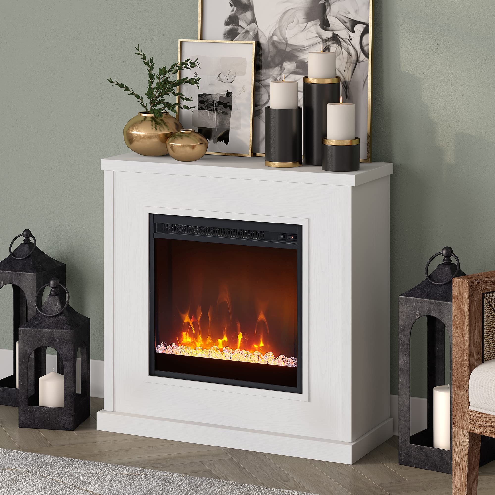 Henn&Hart Santos Mantel Fireplace, 30" Wide, White