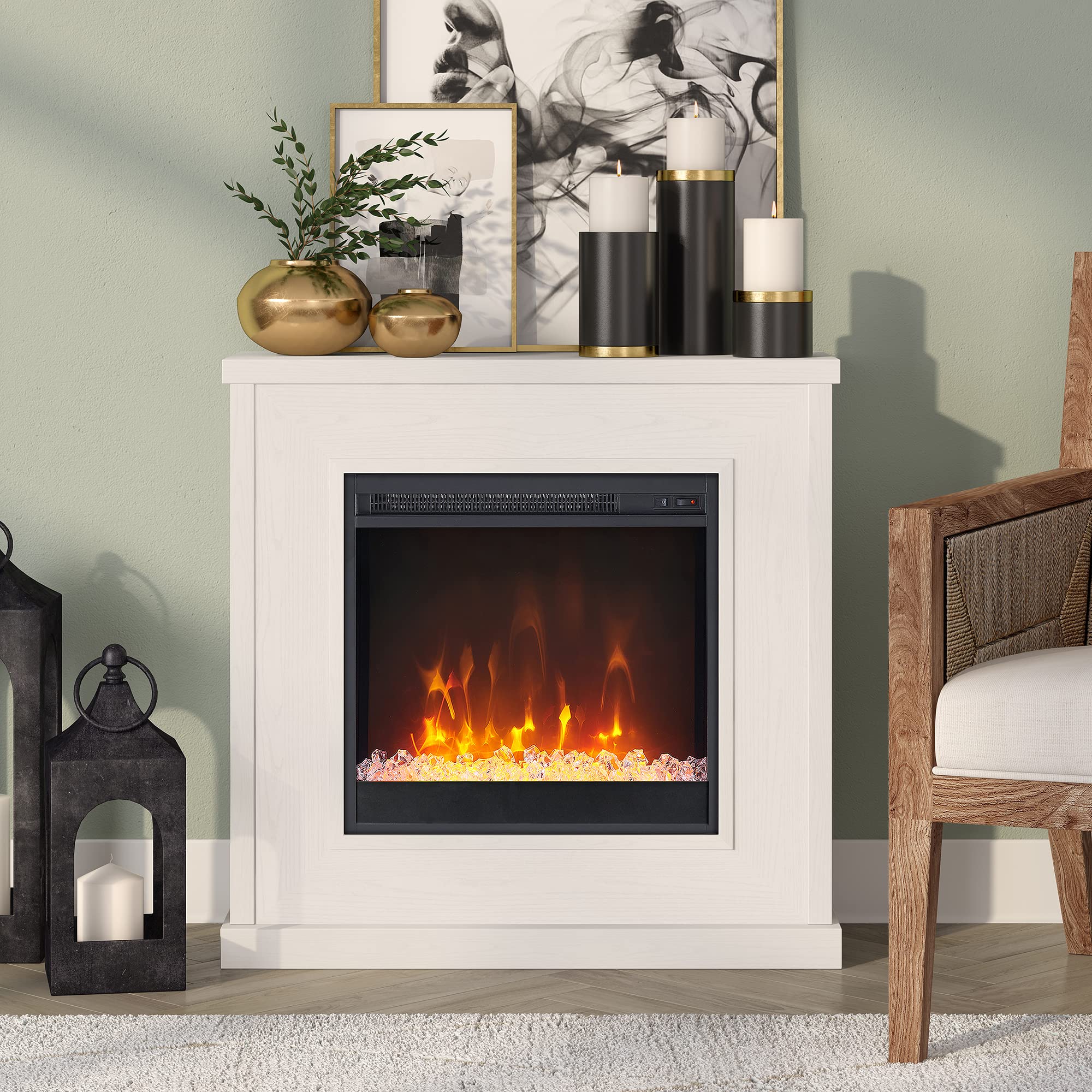 Henn&Hart Santos Mantel Fireplace, 30" Wide, White