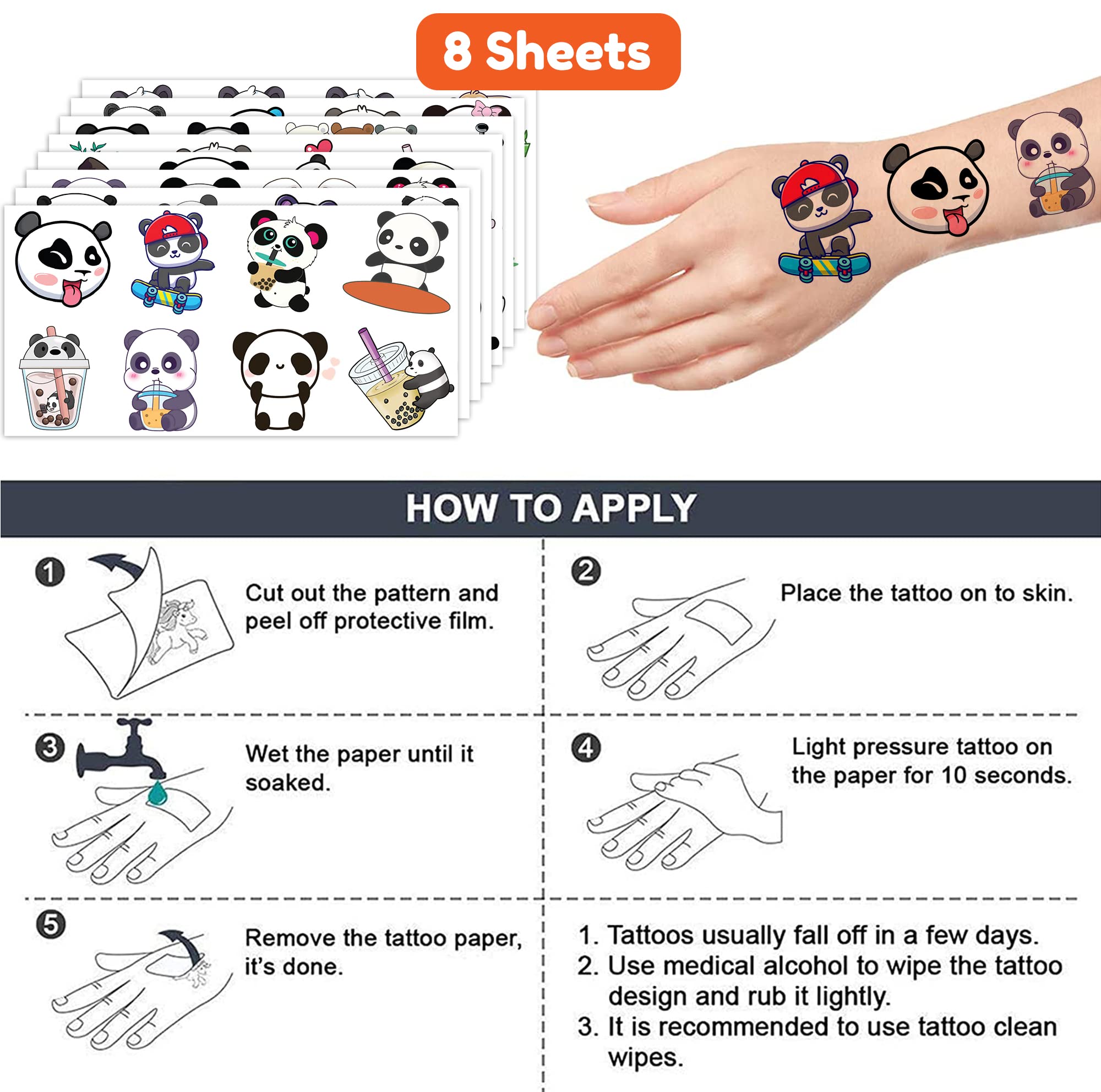 Panda Temporary Tattoos Birthday Party Supplies Decorations 96PCS Cute Tattoos Stickers Party Favors Kids Gifts Girls Boys Classroom School Prizes Themed