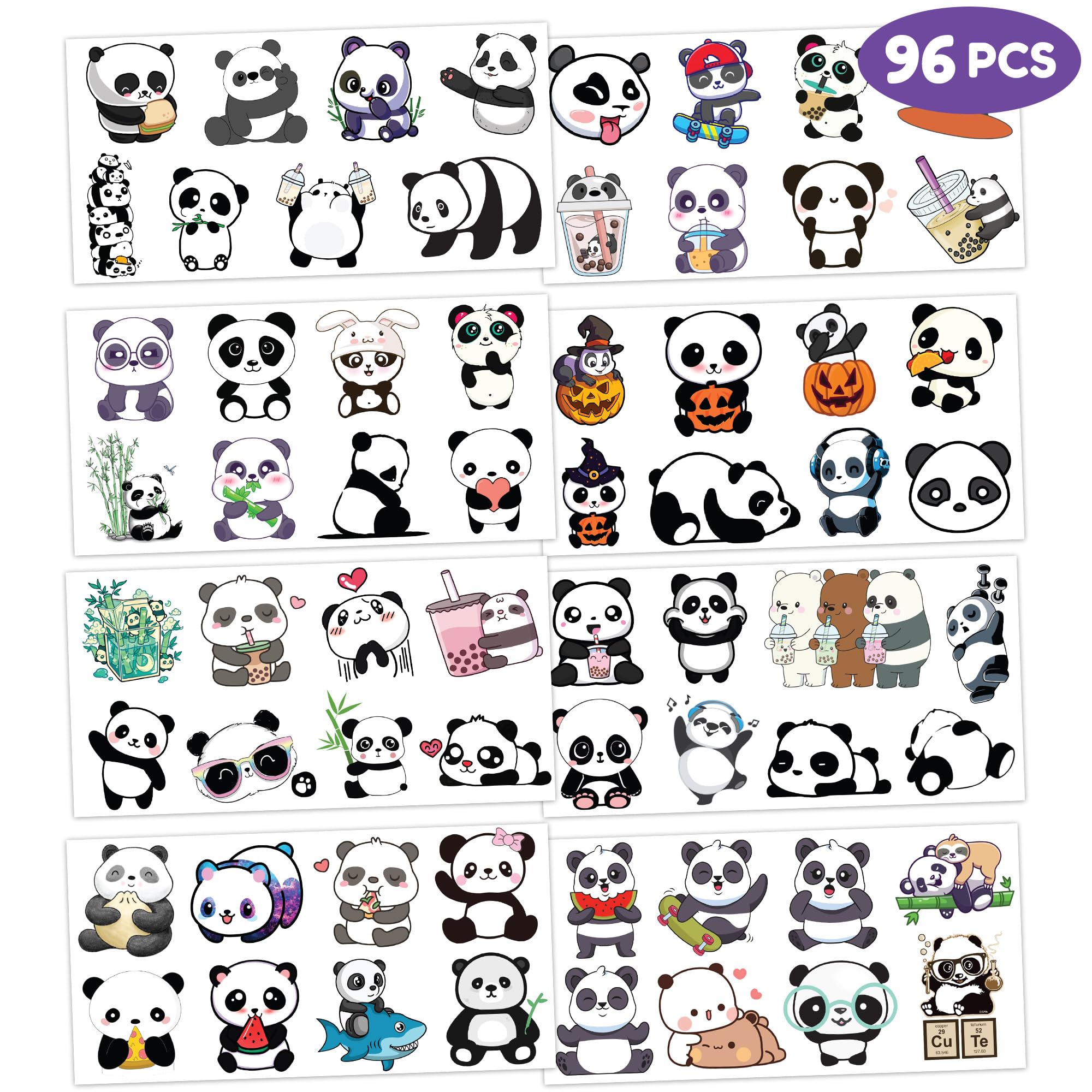 Panda Temporary Tattoos Birthday Party Supplies Decorations 96PCS Cute Tattoos Stickers Party Favors Kids Gifts Girls Boys Classroom School Prizes Themed