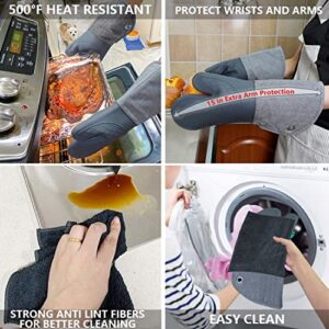 Professional Microwave Silicone Oven Mitts Yarn-Dyed 1 Pair and Kitchen Towels 2 pcs, Kitchen Lines Set for Heat Resistant with 500 Degrees of Kitchen Gloves Pot Holder for BBQ Cooking Baking